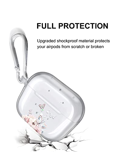 JAHOLAN AirPods 3 Case Clear Butterfly Case Cute Protective Soft Shockproof Cover with Keychain for Women Girls Compatible with AirPods 3rd Generation Wireless Charging Case - Butterfly Flower Pink