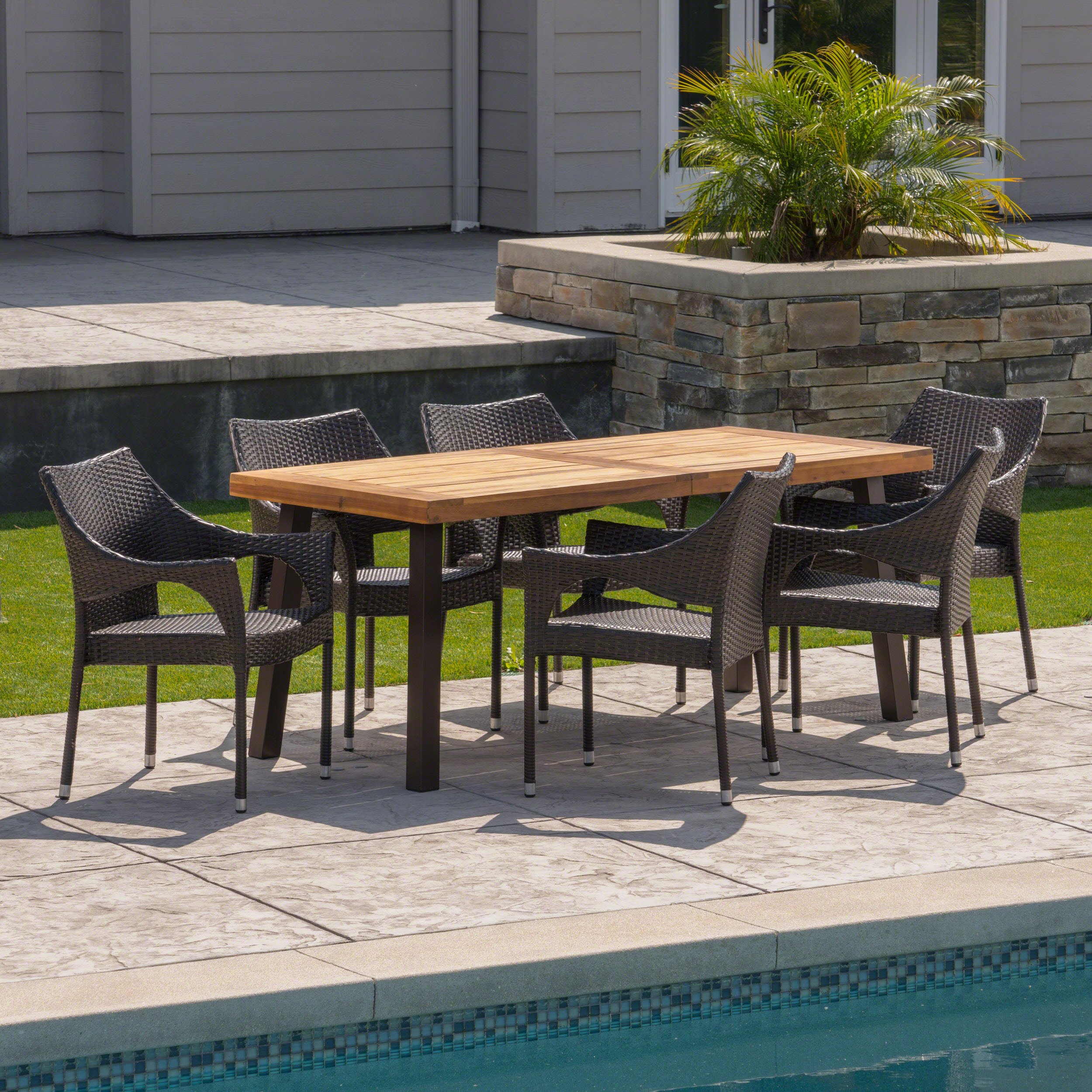 Christopher Knight Home Jerome Outdoor 7-Piece Acacia Wood/Wicker Dining Set | with Teak Finish | in Multibrown, Rustic Metal