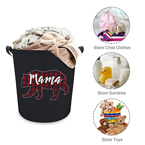 Mama Bear Plaid Foldable Laundry Basket Waterproof Hamper Storage Bin Bag with Handle 16.5"x 16.5"x 17"