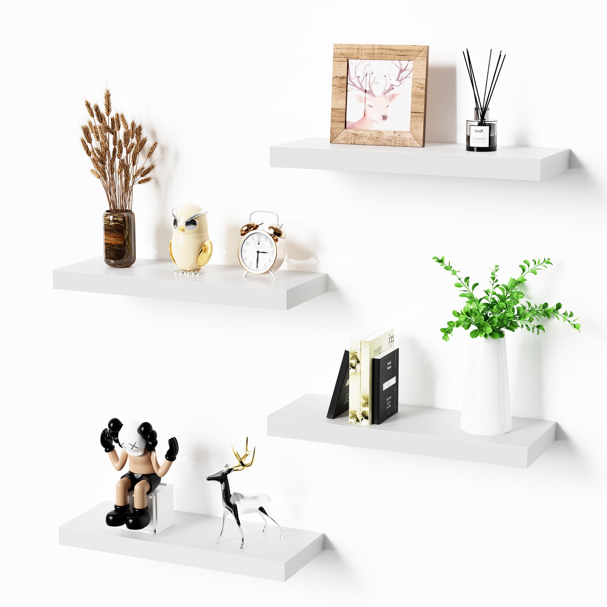 Bellsal Floating Shelves for Wall, White Engineered Wood Wall Shelf Set of 4, 16" Wall Mounted Floating Shelf for Kitchen, Living Room, Bedroom, Bathroom Storage, Book Shelf for Wall Home Decor