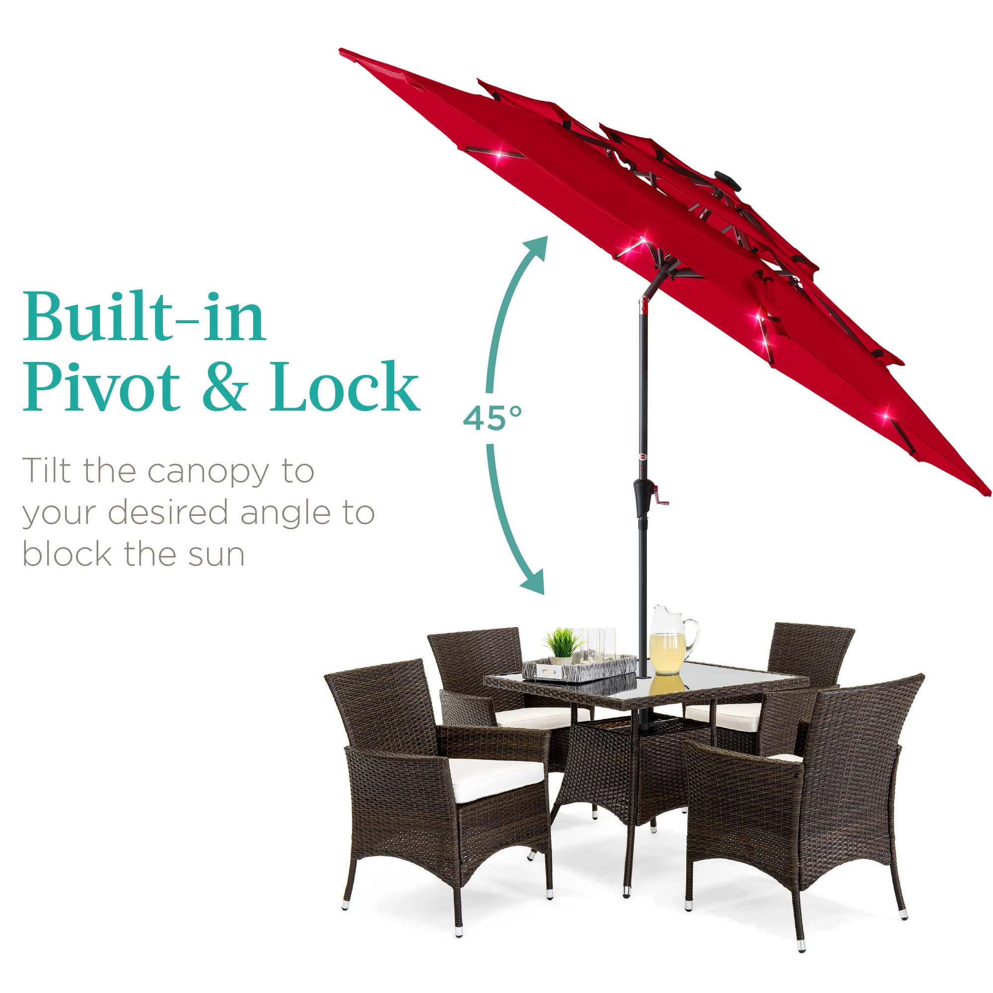 Best Choice Products 10ft 3-Tier Solar Patio Umbrella, Outdoor Market Sun Shade for Backyard, Deck, Poolside w/ 24 LED Lights, Tilt Adjustment, Easy Crank, 8 Ribs - Red