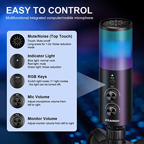 Aokeo USB Gaming Microphone, PC Computer Condenser Mic with Gain,RGB Light for Recording,Podcasting,Streaming,YouTube, Twitch,Skype,Compatible with PS5 PS4 Mac Laptop Desktop(Black)