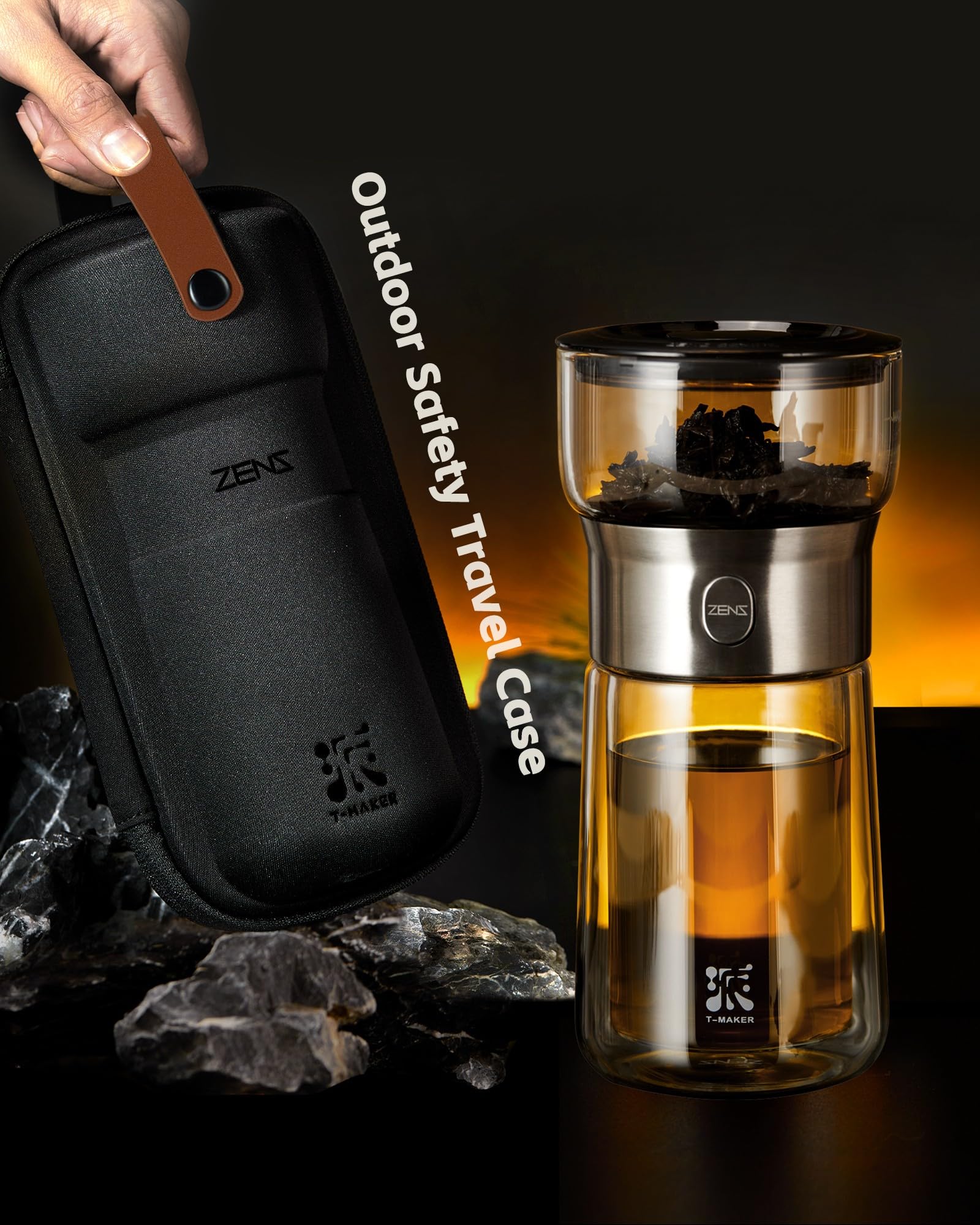 ZENS Modern Small Glass Tea Infuser Teapot, 3-in-1 Smart One Touch Tea Maker for Loose Leaf Tea Steeper, Solo Simple Tea Strainer with 9oz Double Walled Tea Cup for Hot Black, White Tea Diffuser.