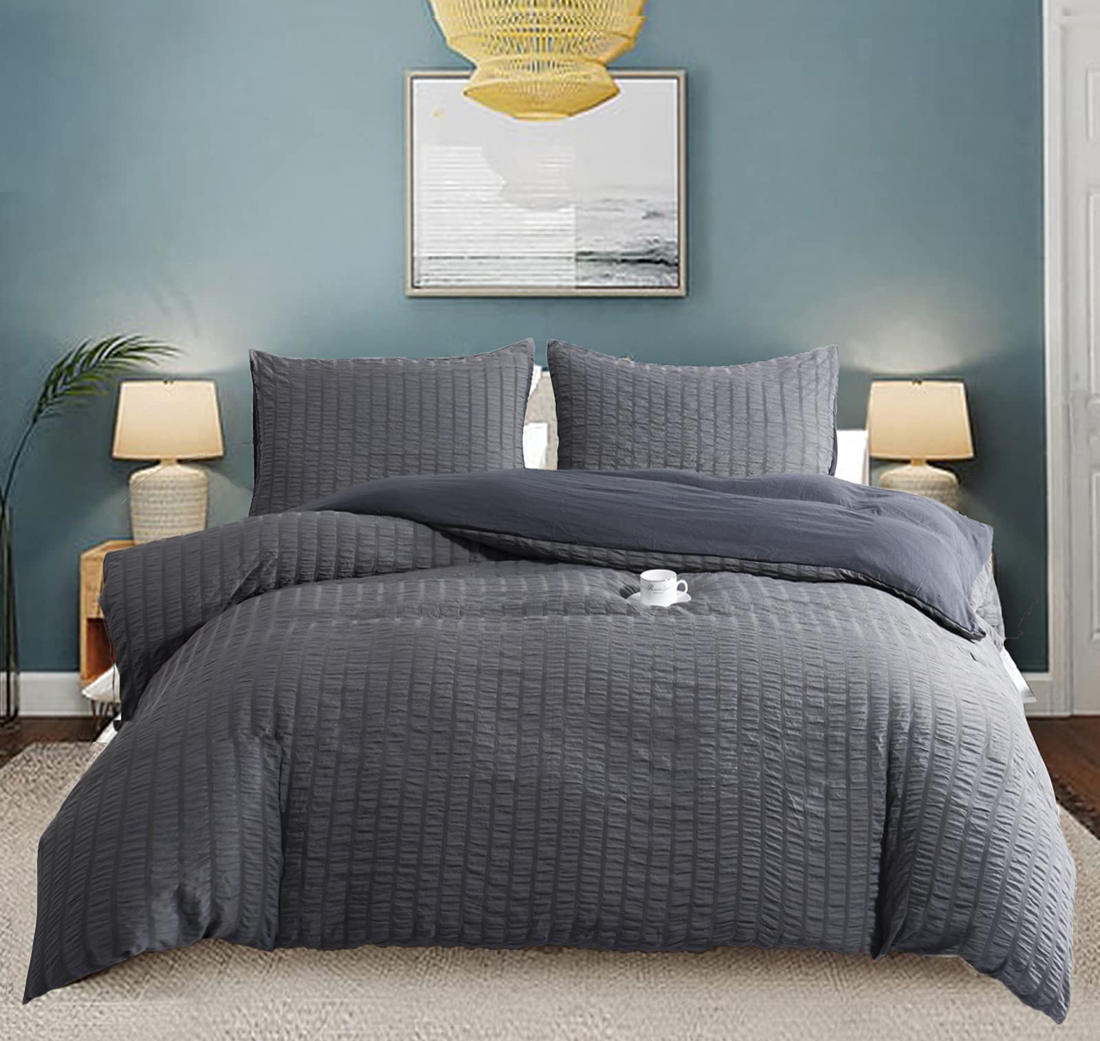 Cozyholy Seersucker Duvet Cover Set Queen Size 3 Pieces Dark Grey Textured Bedding Duvet Cover Ultra Soft Lightweight Microfiber Comforter Cover Set with Zipper Closure Corner Ties