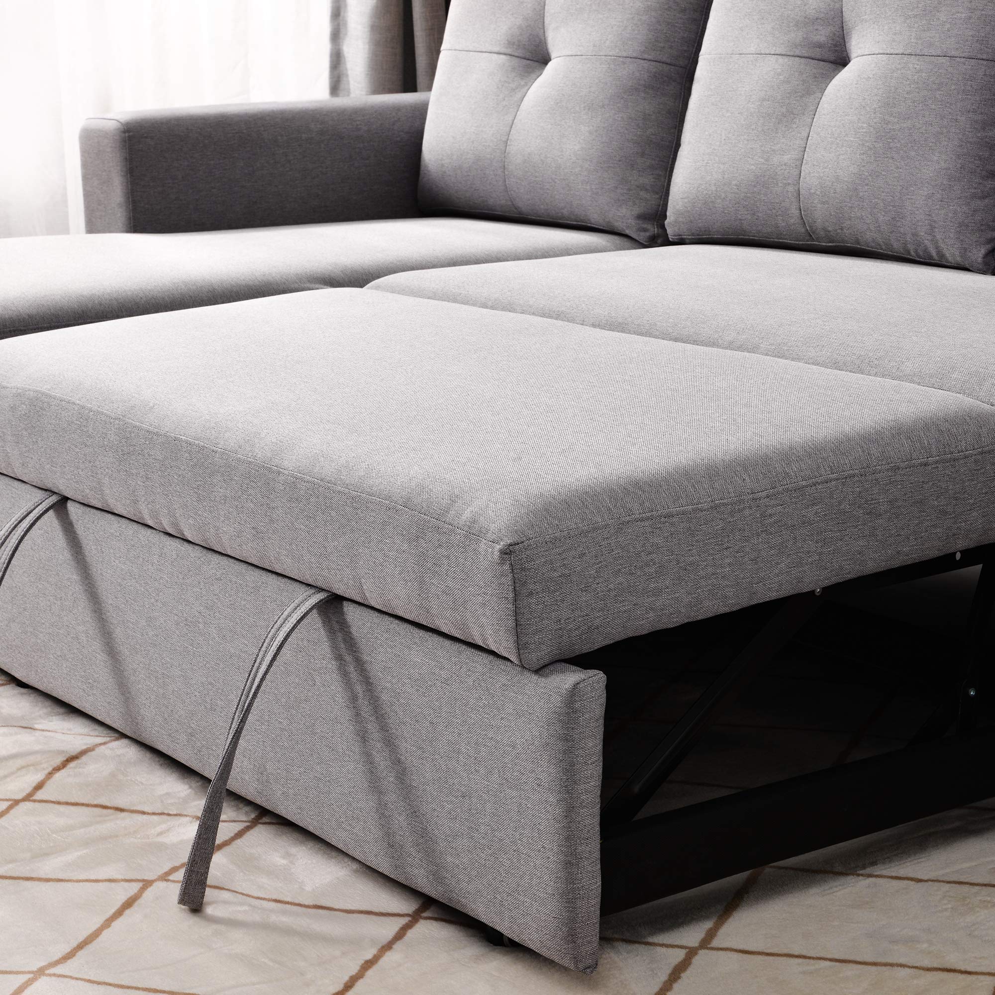 Longrune Reversible Sectional Sofa Bed with Pull Out Sleeper, Corner Storage Chaise Couch for Living Room & Apartment, L-Shaped, 90inch, Gray