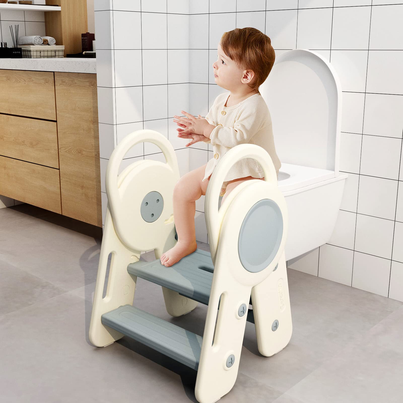 Benarita Step Stool for Toddler 3 Step Stool, Kids Foldable Step Stool for Bathroom Sink, Kitchen Counter Standing Tower, Step Ladder with Handles and Non-Slip Pads for Toilet Potty Training,Blue