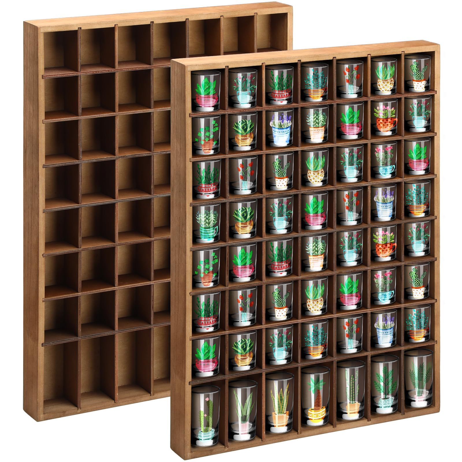 Barydat Shot Glass Display Case Wood Shot Glass Holder 56 Compartments Shot Glass Shelf Wall-Mounted Rustic Glass Bar Cabinet(Brown, 2 Pcs)