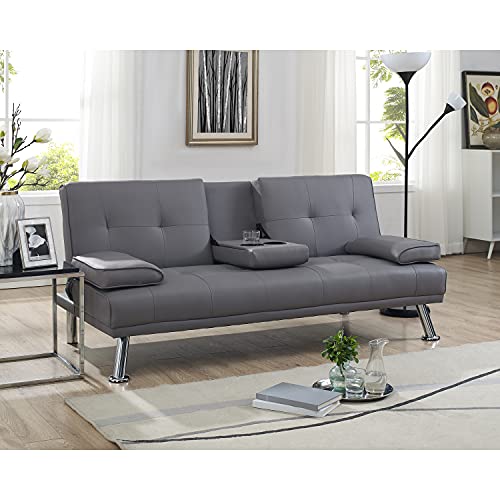Naomi Home Futon Sofa Bed, Faux Leather Futon Couch with Armrest and 2 Cupholders, Pull Out Sofa Bed Couch Convertible with Metal Legs, Folding, Reclining Couch Bed, Futon Bed for Living Room - Gray