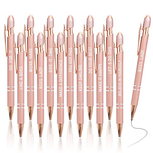 Fuhgkg 12 Pieces Rose Gold Inspirational Ballpoint Pens with Touch Screens Stylus Tip,Fine Point Smooth Writing Encouraging Motivation Pens for Women,Black Ink