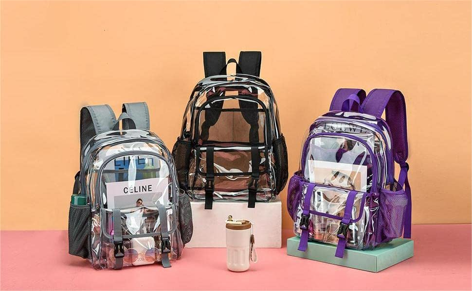 KUI WAN Clear Backpack, Large Clear Bag Stadium Approved Heavy Duty PVC Transparent See Through Backpacks for College,Stadium,Work,Security,Festival,Black