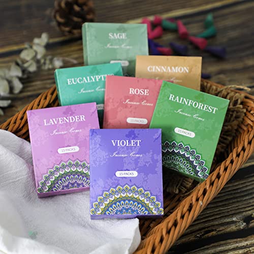 Incense Cones 120 Pcs, with Incense Holder, Mixed Natural Scents Deco Sandalwood Lavender Rose Sage Cinnamon Eucalyptus Rainforest Violet, 8 Assorted Boxes