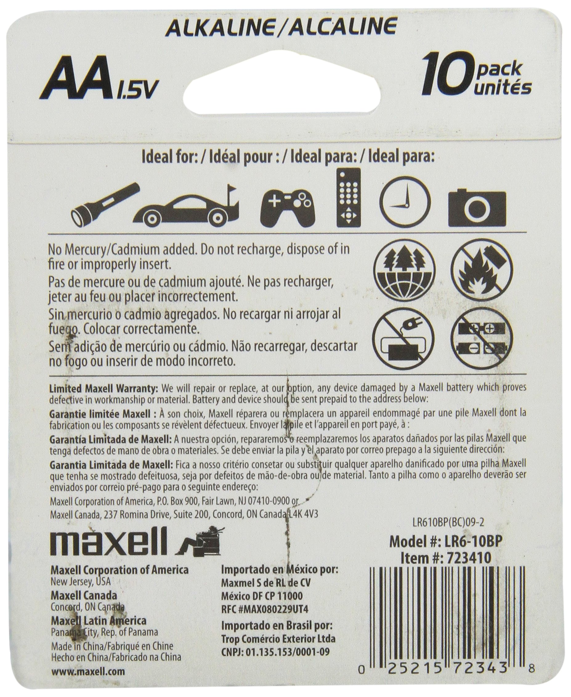 Maxell 723410P Ready-to-go Long Lasting and Reliable Alkaline Battery AA Cell 10-Pack with High Compatibility, gold