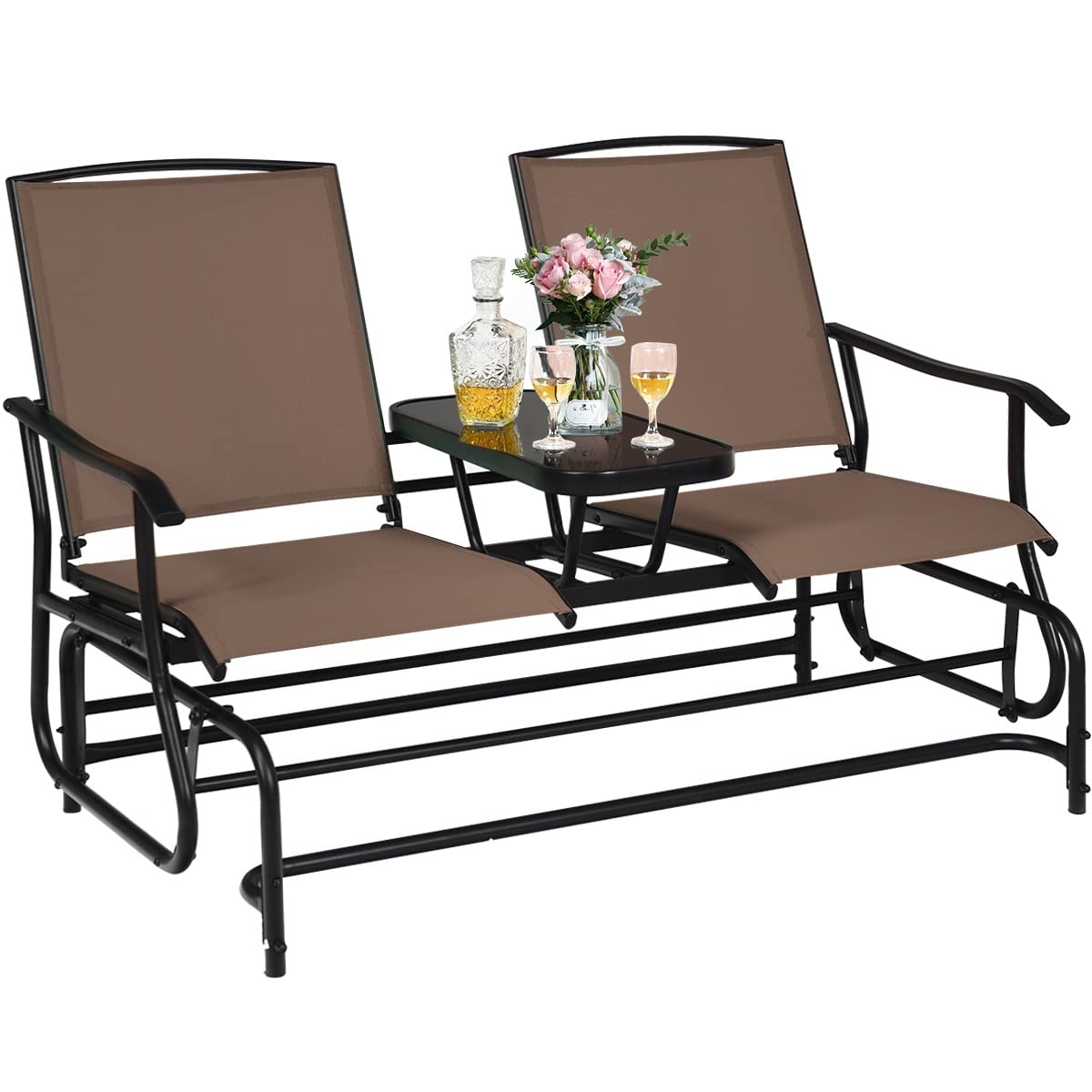 S AFSTAR 2-Person Outdoor Glider, Patio Glider Bench Chairs with Center Tempered Glass Table & Breathable Loveseat, Double Swing Glider Chair for Porch Garden Poolside Balcony Lawn (Brown)