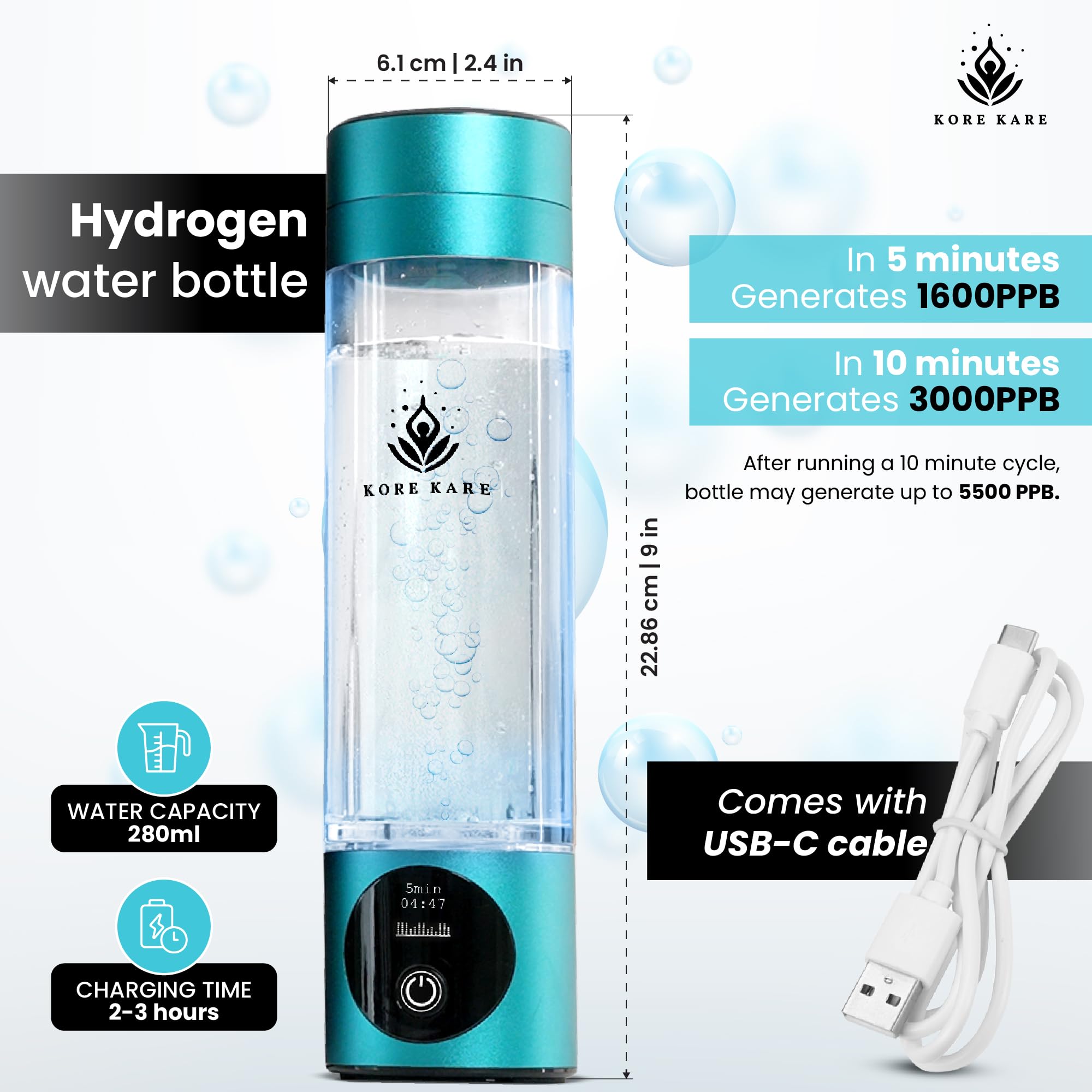 Hydrogen Water Bottle, Hydrogen Water Bottle Generator Produces Pure Hydrogen Water, SPE/PEM Technology, OLED Display, Purification Vent, Generates up to 5500 PPB, Best Hydrogen Water Generator.