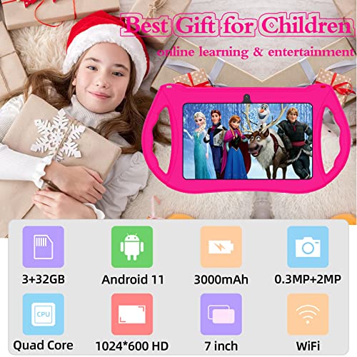 Kids, Toddler Android 11.0 Tablet with WiFi, Bluetooth, GMS, Dual Camera, Parental Control, Shockproof Case, Google Play for YouTube, Netflix, 3GB RAM 32GB ROM,7 inch