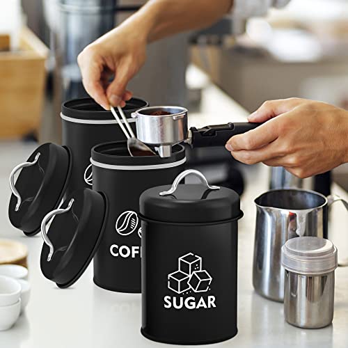E-far Canister Sets for Kitchen Counter, 3-Piece Metal Coffee Sugar Tea Canister with Airtight Lid for Food Storage, Farmhouse Style & Small Size (6.1” x 4”)-Black