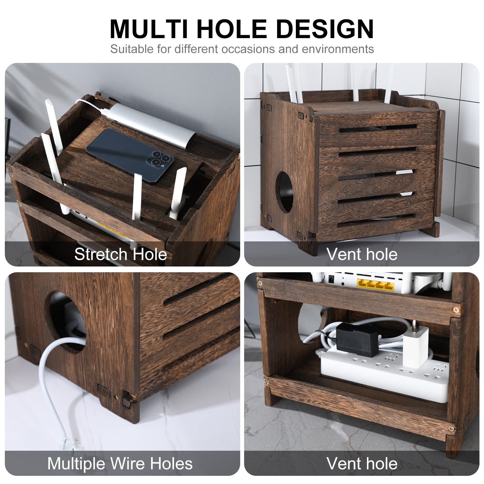 BEARUT Wooden Router Shelf Wall Mount WiFi Router Storage Box Modem Cable Router Cover Organized Power Strip Cable Management Hider Rack Need Assembly 11.4" W x 9.4" H x 9.1" D