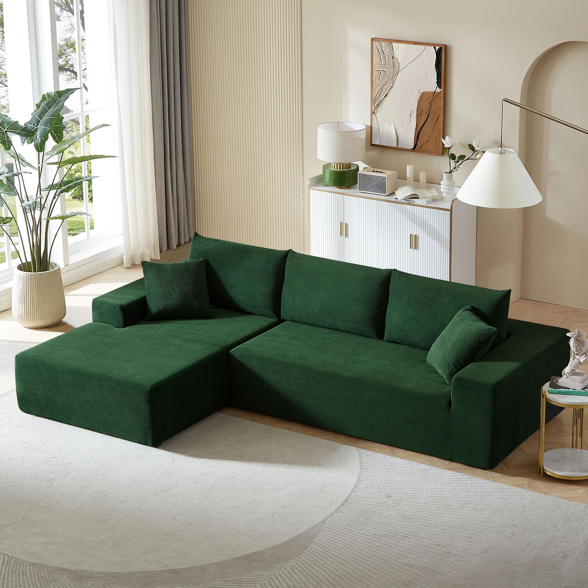 JUSTONE, 108.5'' Dark Green High Density Sponge Sectional Sofa with Chaise Lounge, 3 Seater, Modern Polyester Living Room Sofa, Space Saving L-Shape, Right Facing, Cloud Couch, 2 Throw Pillows