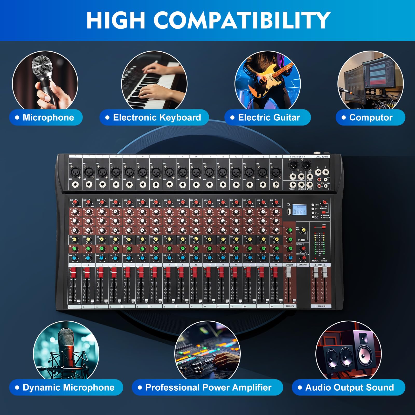 Audio Mixer 16 Channel Bluetooth Live Studio LED Display Professional USB Mixing Console with 3-Band EQ Sound Board Console DJ Studio Audio Mixer for PC Recording Music (16 Channel)