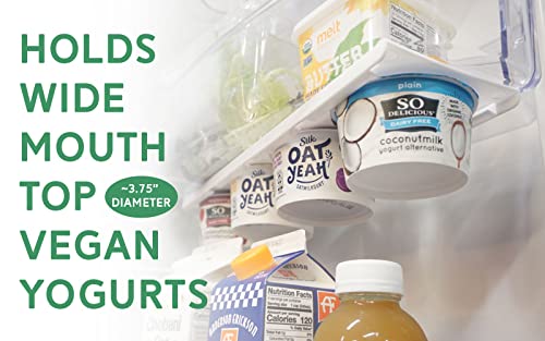 Storage Theory Yogurt Fridge Organizer - Holds up to 4 Wide-Mouth Vegan and Greek Yogurt Cups Each - Peel and Stick Slider Shelf for Small Refrigerator Spaces - 2 pc