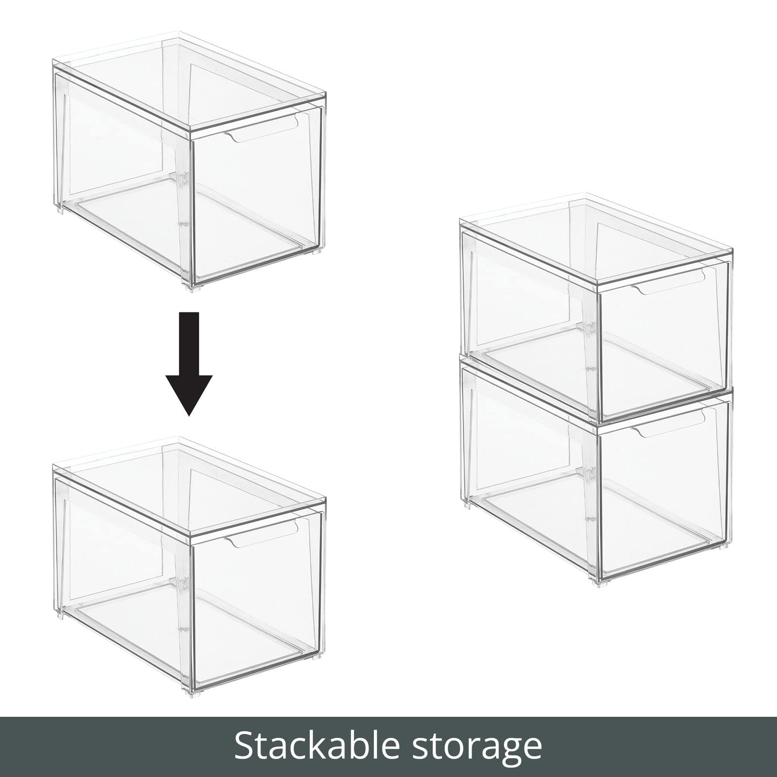mDesign Plastic Stackable Closet Storage Organizer Bins with Pull Out Drawer for Cabinet, Desk, Shelf, Cupboard, or Dresser Organization - Lumiere Collection - 4 Pack - Clear