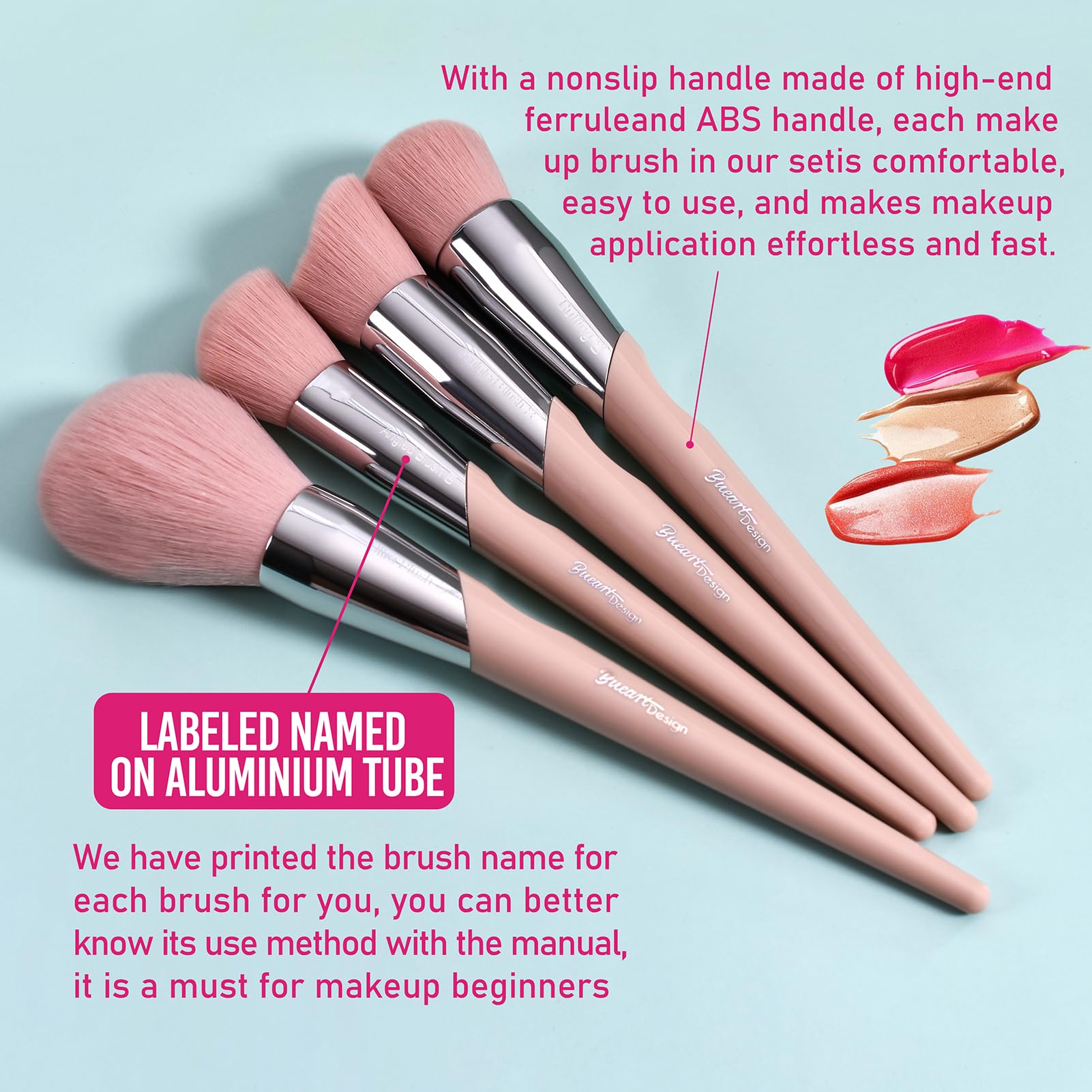 Bueart Design 16Pcs ULTRA SOFT Labeled Pro Makeup Brushes Set with Foundations Powder Blush Concealer Blending Eyeshadow Contour Brush (16Pcs Elegant Pink)