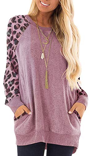 Basoteeuo Womens Sweatshirts Color Block Sweaters Long Sleeve Comfy T Shirts Soft Blouses Oversized Tops Leopard Purple L