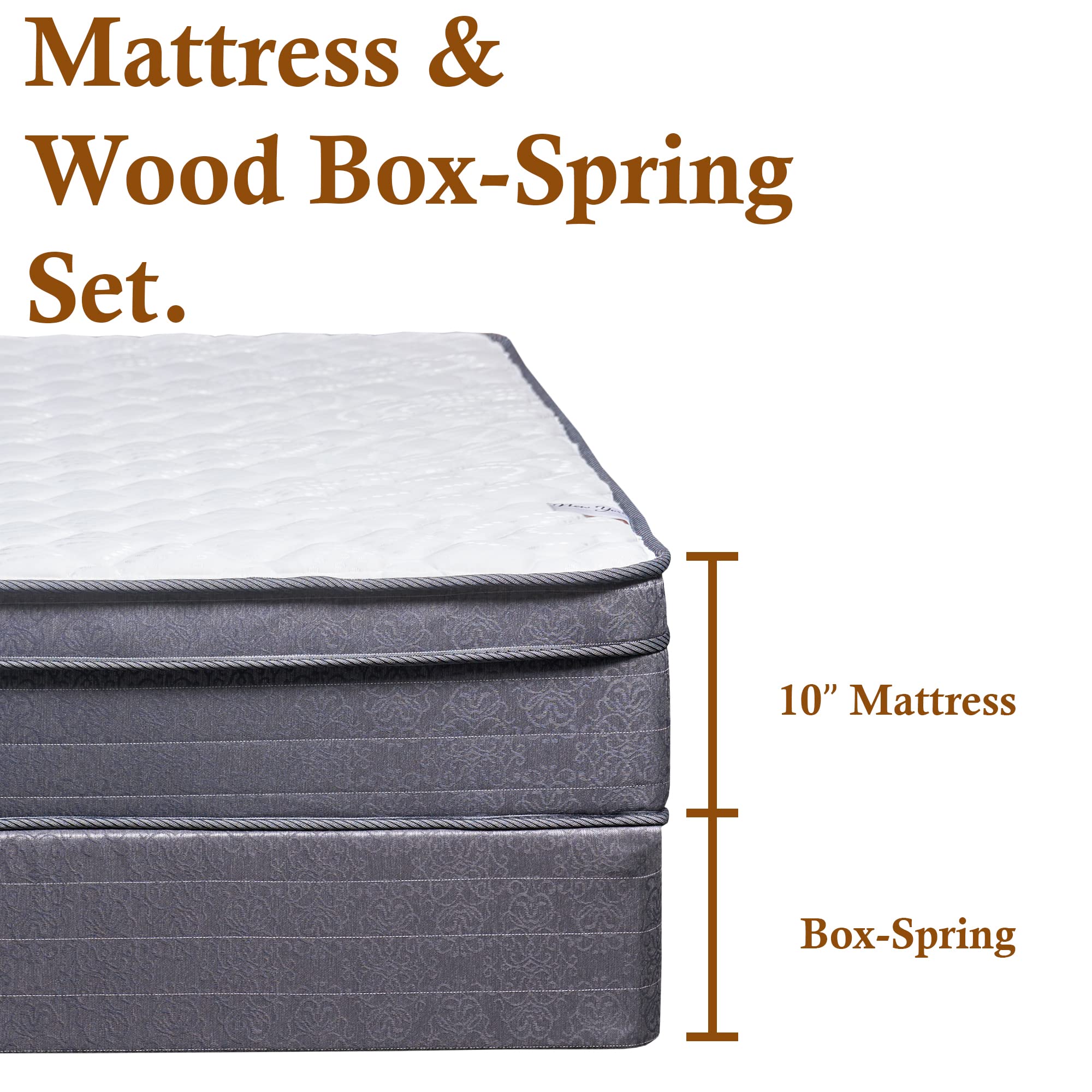 Continental Sleep Medium Plush Foam Encased Hybrid Eurotop Pillowtop Innerspring Mattress and 4" Wood Low Profile Boxspring/Foundation Set, Full, Grey and White