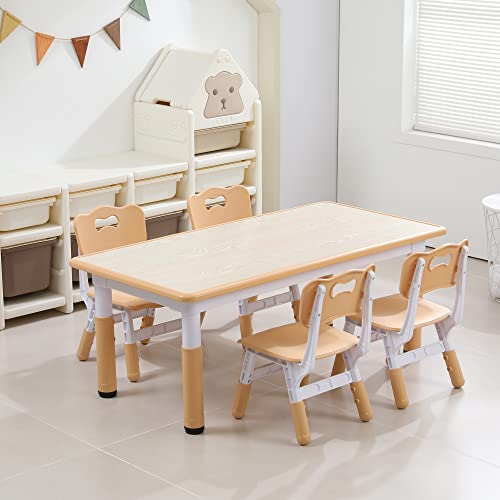 MOCUTEEN Kids Table and 4 Chair Set Height Adjustable Toddler Table and Chair Set Graffiti Desktop Max 330lbs Kids Activity Art Table for Daycare Classroom Home Age 2-12 Grain Burlywood