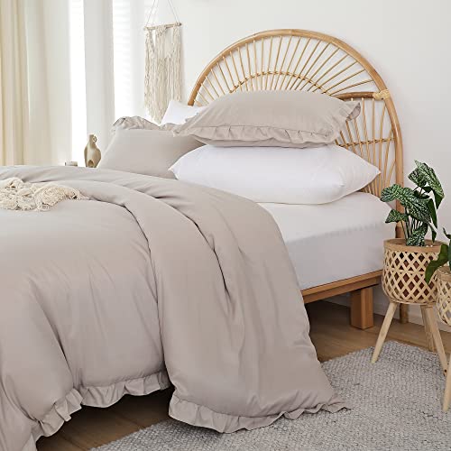 JANZAA Vintage Bedding Set Soft Shabby Chic Fluffy All Season Queen Oatmeal Comforter Set 3PCS(1 Ruffled Comforter Set and 2 Pillowcases)