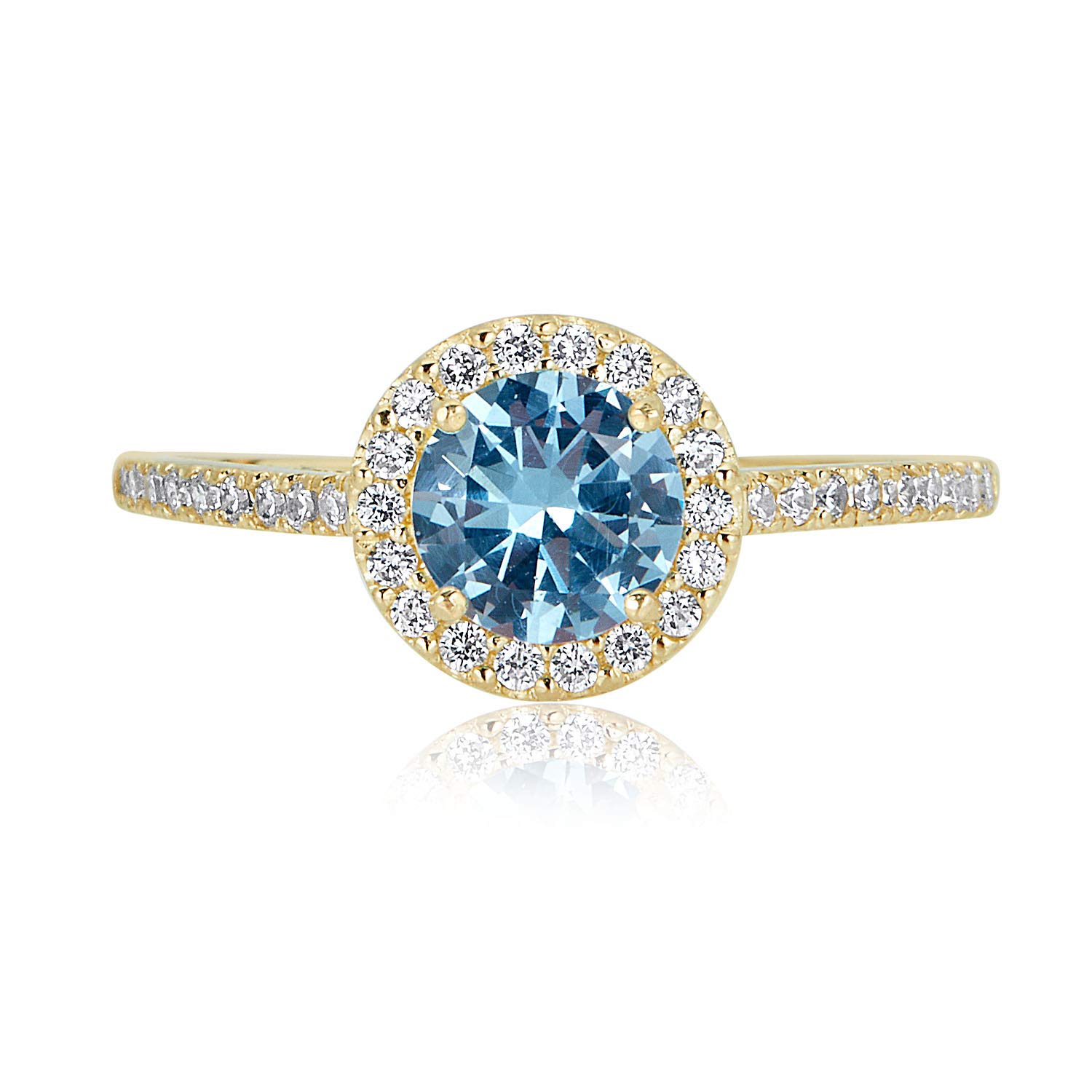 AVORA 10K Yellow Gold March Birthstone- Aquamarine with Simulated Diamond CZ Halo Fashion Ring - Size 6