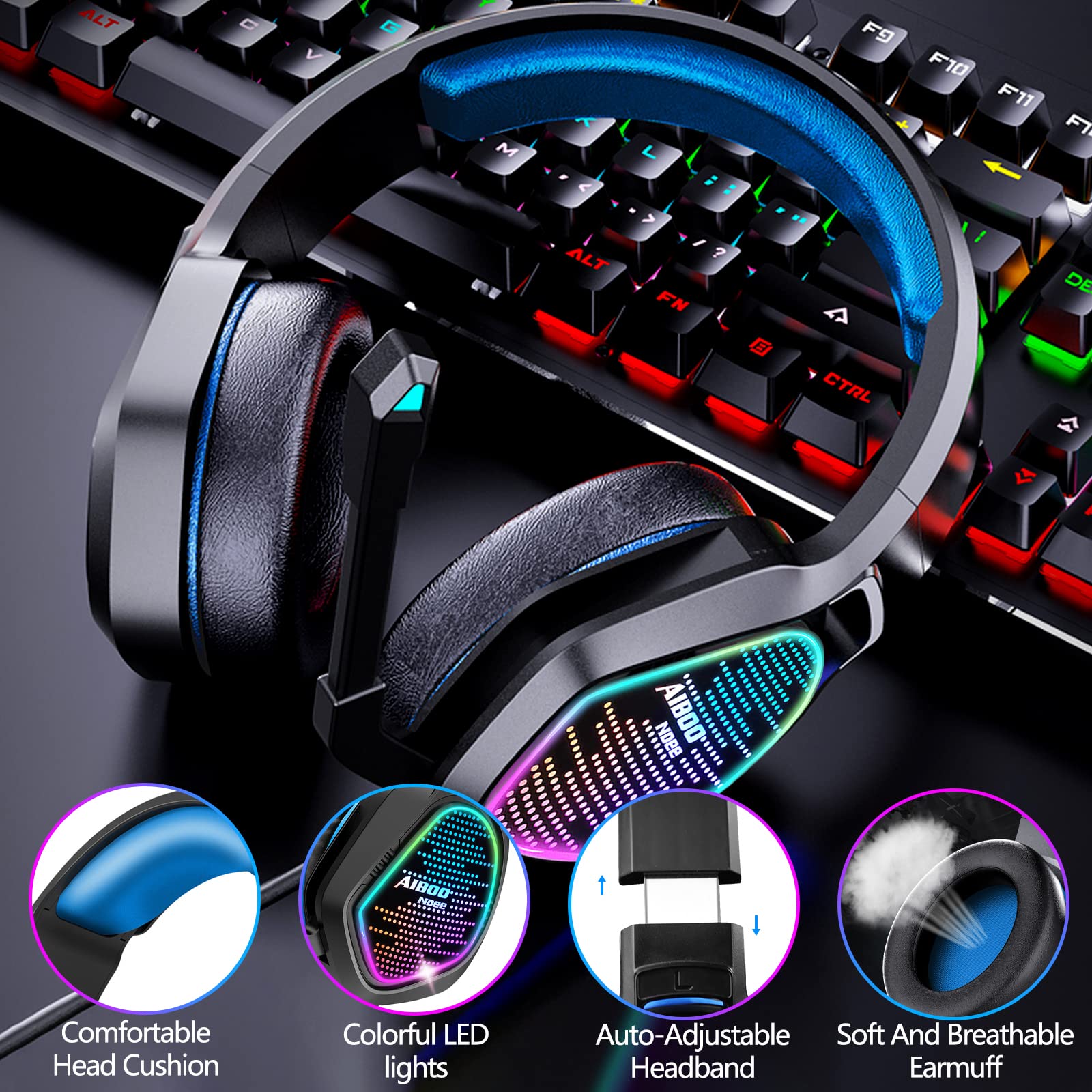 BFMODFAF V100 Surround Sound Professional Gaming Headset with Noise Cancelling Over Ear Headphones with Mic, LED Light, Bass Surround, Soft Memory Earmuffs - for PC, PS4, PS5, Xbox One, Switch (Blue)