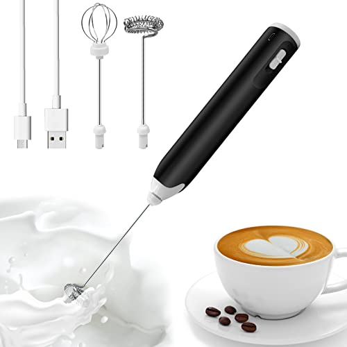 Milk Frother rechargeable drink mixer handheld egg whisk 3-Speed Adjustable with 2 stainless steel heads Foam Maker suitable for your coffee, tea, latte, hot chocolate(black)