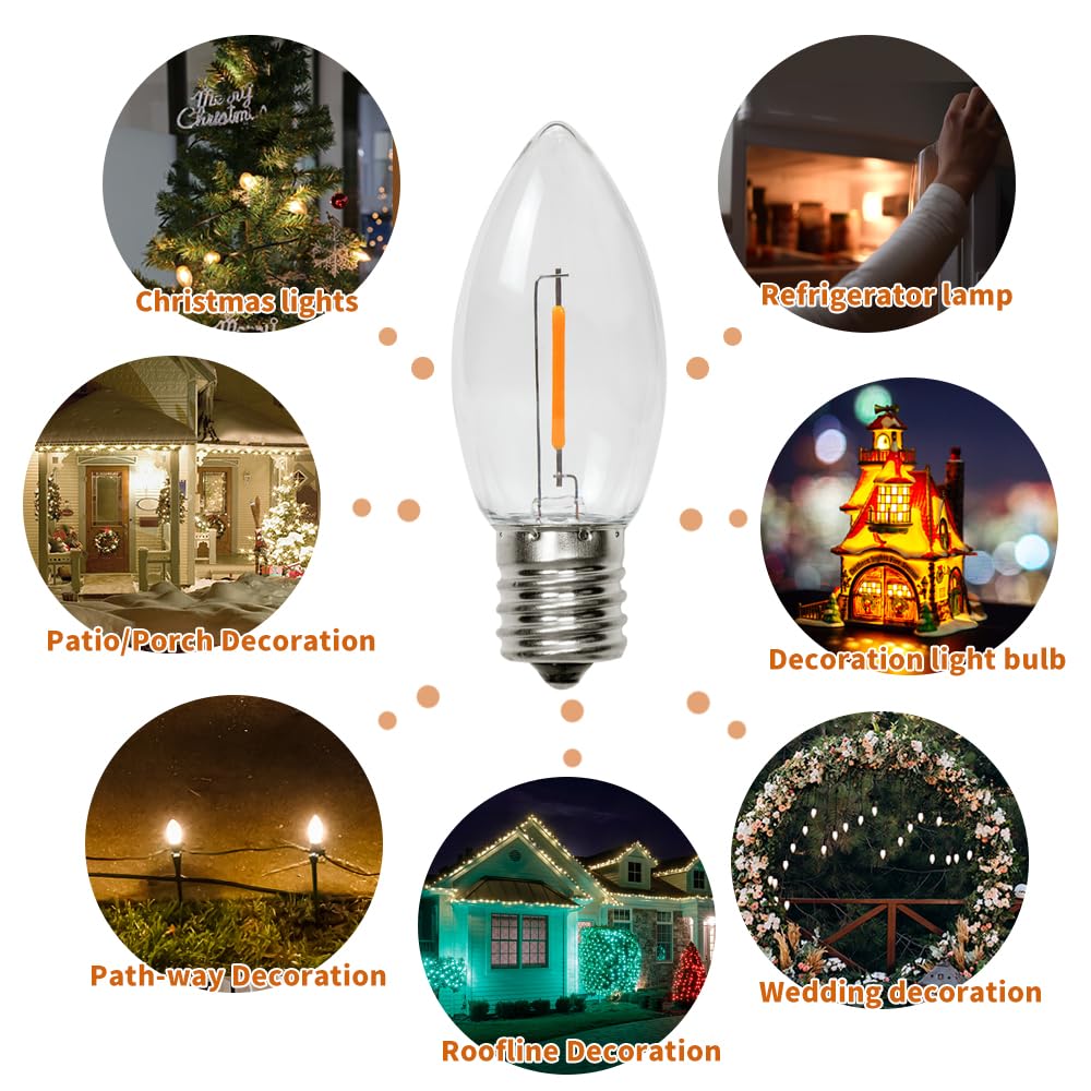 Austin Coast 25PACK LED Night Light Bulbs, C7 Candelabra LED Light Bulbs, E12 Chandelier Base, 0.6W Equivalent to 7W, Warm White 2200K,50LM Dimmable,Shatterproof & Waterproof Clear Plastic