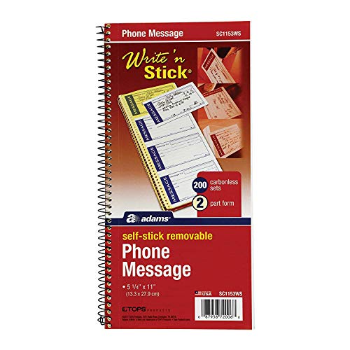 TOPS Adams Write 'N Stick Spiral Message Pad, 200 Carbonless Duplicate Sets Per Pad, 5.25 x 11 Inches, White/Yellow (SC1153WS) 4 PACK