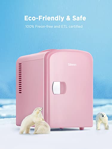 Silonn Mini Fridge, Portable Skin Care Fridge, 4 L/6 Can Cooler and Warmer Small Refrigerator with Eco Friendly for Home, Office, Car and College Dorm Room, Compact Refrigerator and Pink (SLRE01P)