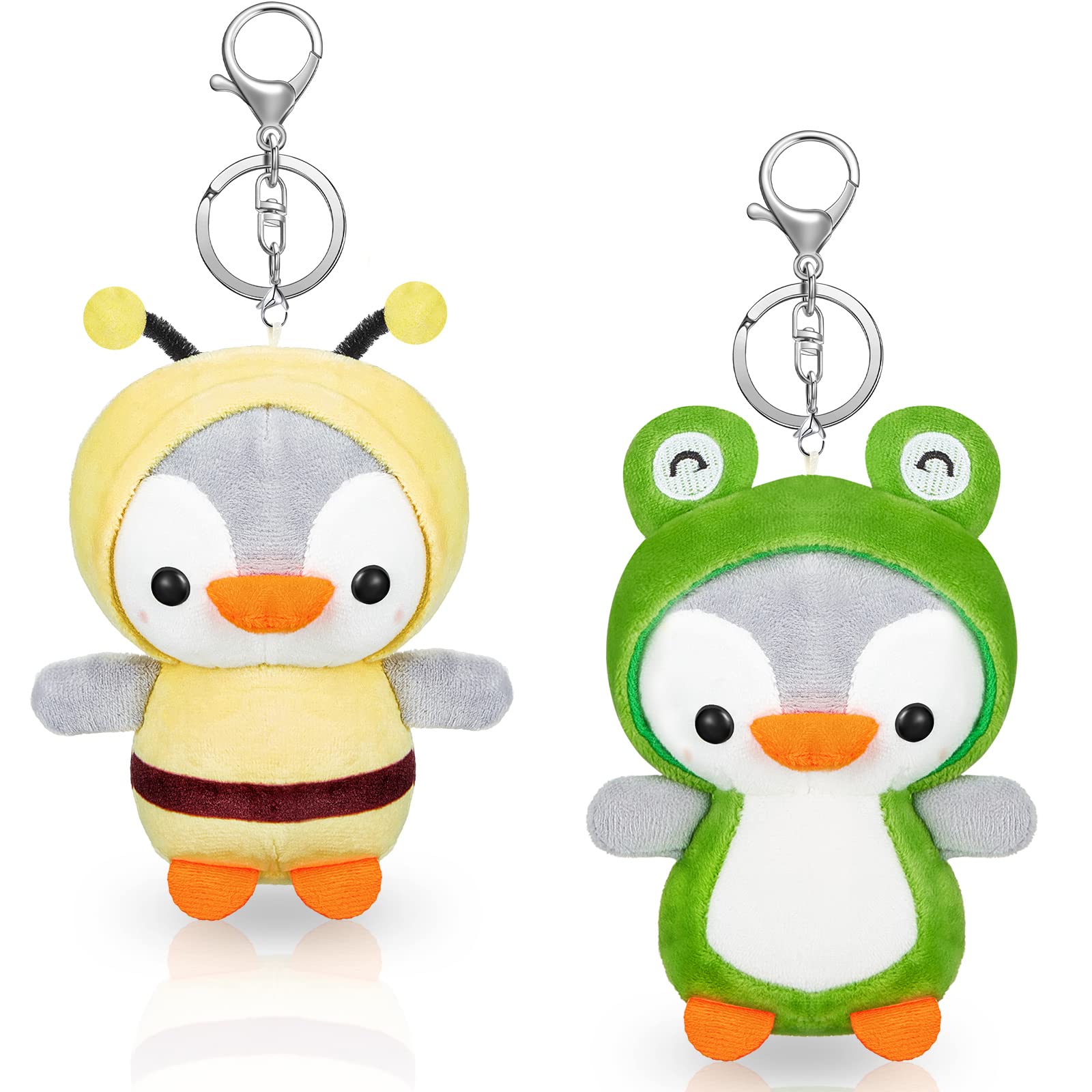 Hinly Cute Penguin Keychains 2 Pieces Stuffed Penguin Plush Pendant Small Frog Bee Stuffed Animal 5 Inch Mini Penguin Toys for Backpacks Accessories Kids Birthday Party Favors, Green and Yellow