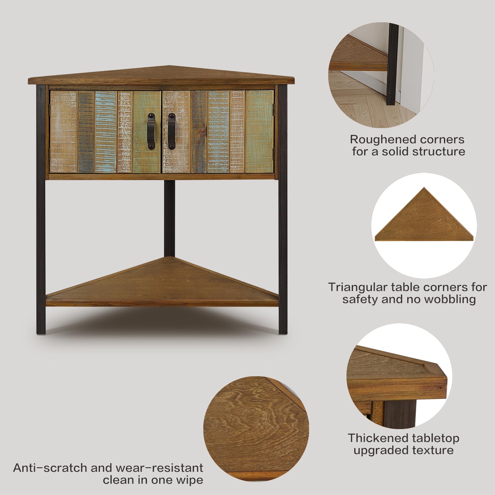 Giofanzo Corner Tables for Living Room, Small Corner Table with Storage Cabinet Table Corner Bar Accent Cabinet with Solid Wood and Metal Frame, Hand-Made Unique Corner Table(Natural Blue)