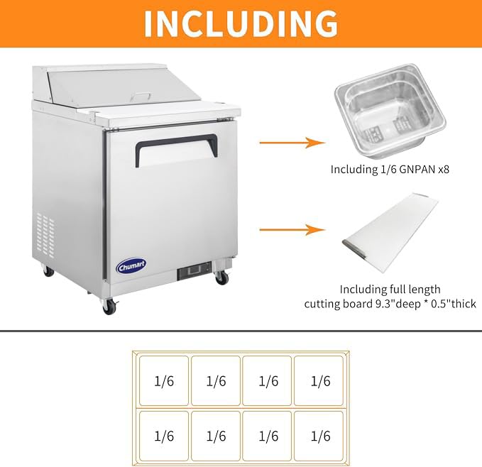 CHUMART 29" W Sandwich Salad Prep Table Refrigerator 9 Cu.Ft Commercial Refrigerators, Fan Cooling Food Prep Fridge with 8 Pans, Salad Bar with Cut Board for Buffet Restaurant, Bar, Shop, etc