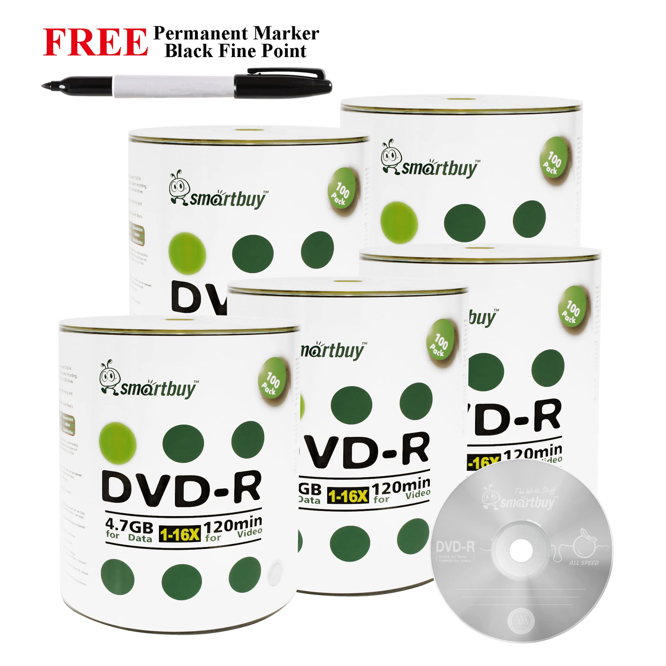 Smartbuy 500-disc 4.7GB/120min 16x DVD-R Logo Top Blank Media Record Disc + Black Permanent Marker