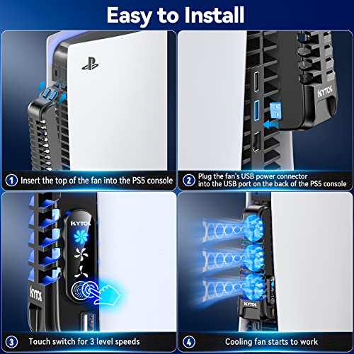 Kytok PS5 Cooling Fan with 3 Adjustable Fans, Quiet PS5 Fan Upgraded with 9 Blades and Extra USB HUB, PS5 Cooler with Touch Screen Compatible with Playstation 5 Digital & Disc Edition
