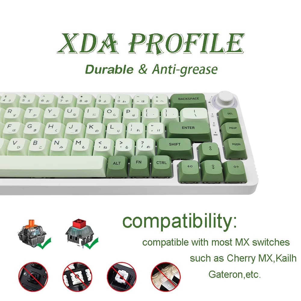 PBT 124 Keys XDA Profile Dye-Sub Matcha Keycaps,ANSI Layout Keycap Suitable for 61/64/87/104/108 Mechanical Gaming Keyboard(Keycaps only)