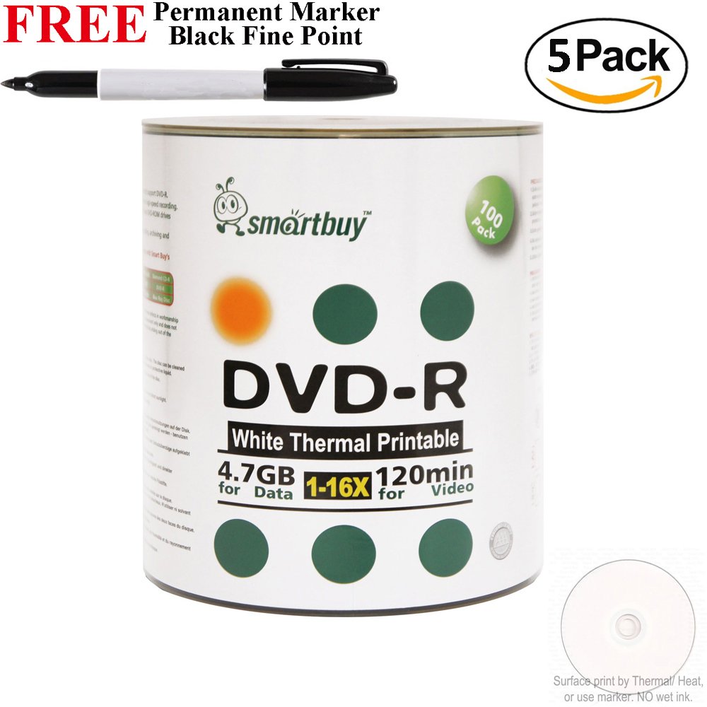 Smartbuy 500-disc 4.7GB/120min 16x DVD-R White Thermal Hub Printable Blank Media Disc + Black Permanent Marker