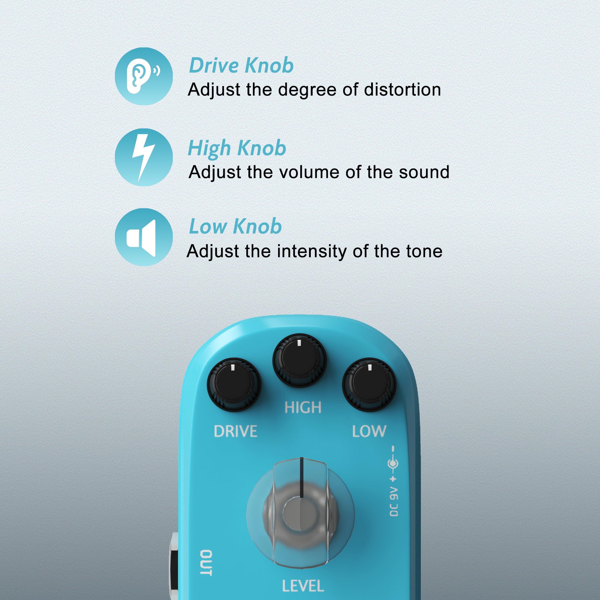 AZOR Overdrive Guitar Effect Pedal Vintage Effect Drive High/Low 3 Modes Mini Pedal with Guitar Pedal Power Cable,9V Battery Clip Converter Power Cable