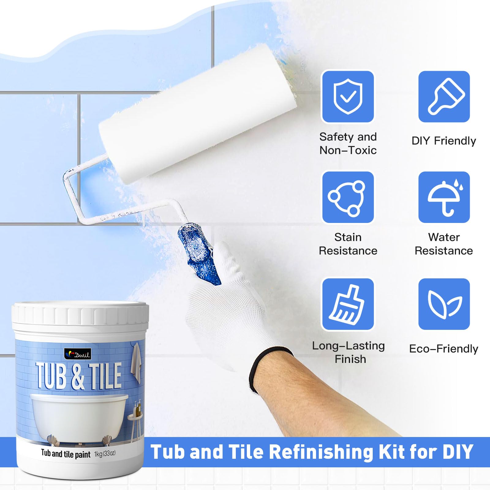 DWIL Tile Paint, Tub and Tile Refinishing Kit with Tools, Tub Refinishing Kit White Bathtub Paint Water Based &Low Odor, Easy to Use Sink Paint for Bathroom Kitchen, Semi-Gloss White, 25-30sq.ft