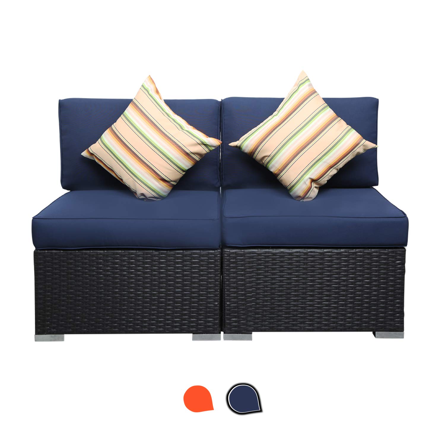 Excited Work 2 Piece Outdoor PE Wicker Rattan Patio Couch with Washable Cushion and 2 Pillow,Sectional Furniture Conversation Set(Dark Blue)