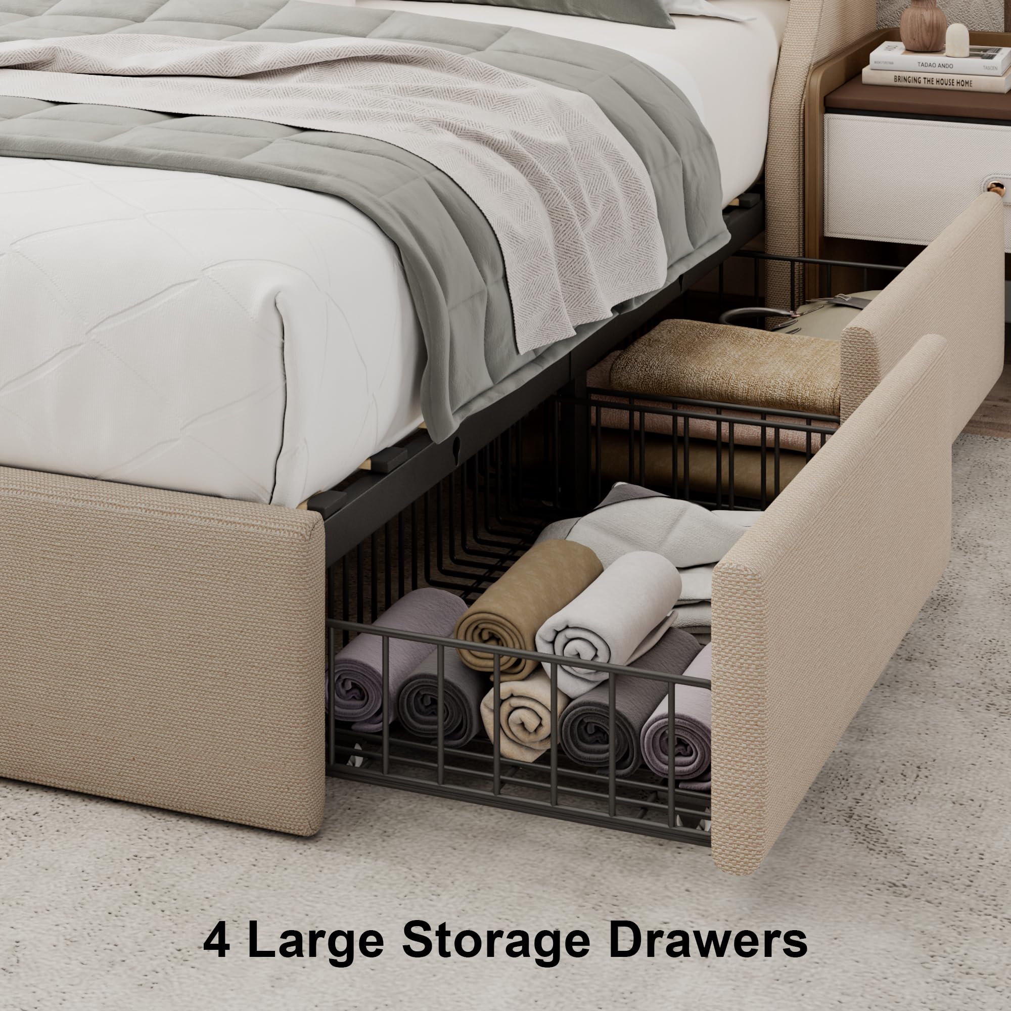 Einhomn Upholstered King Size Bed Frame with 4 Storage Drawers, Platform Bed Frame with Wingback Headboard, Charging Station, No Box Spring Needed, Beige