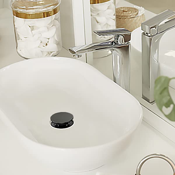 Bathroom Sink Drain with Overflow and Strainer, Bathroom Sink Stopper, Pop up Drain Stopper for Bathroom Sink, Black Sink Drain, Pop up Sink Drain Stopper (Black with Overflow)