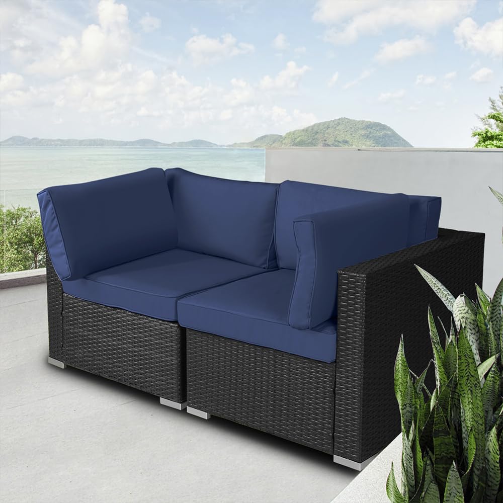 Excited Work Patio Sectional Furniture Corner Sofa,Low Back All-Weather Wicker Loveseats Outdoor Rattan Couch Set Conversation Sets（Dark Blue）