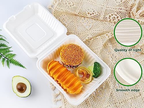 AUEAR, 8 Inch [50 Pack], Compostable Clamshell Take Out Food Containers, To Go Boxes for Food, Natural Disposable Clamshell Food Container, Eco-Friendly, Heavy - Duty To-Go Containers